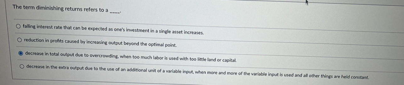 Solved The term diminishing returns refers to a | Chegg.com