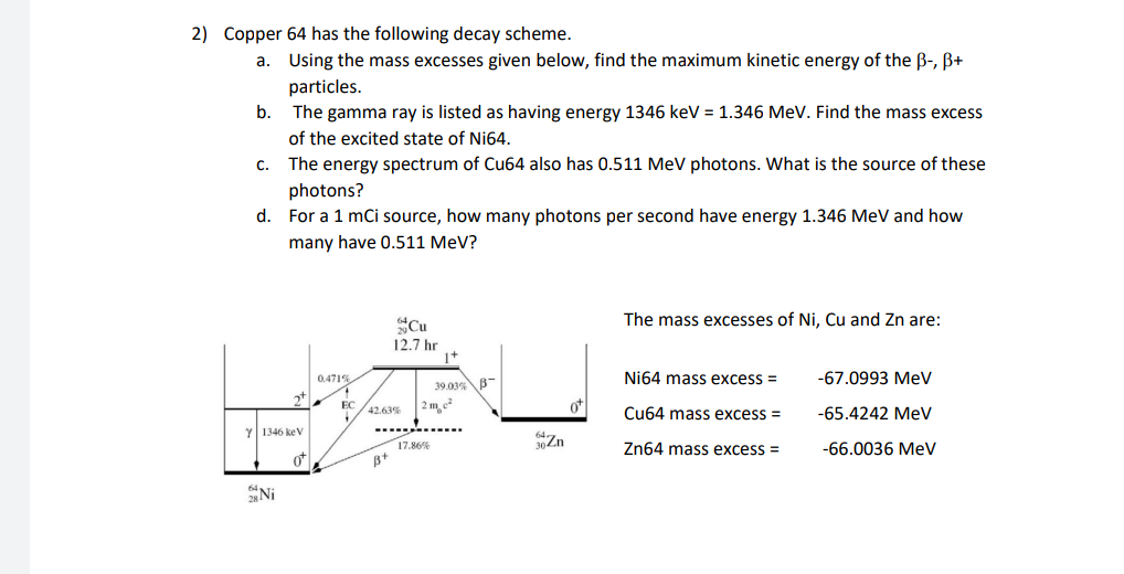 Solved 2) Copper 64 has the following decay scheme. a. Using | Chegg.com