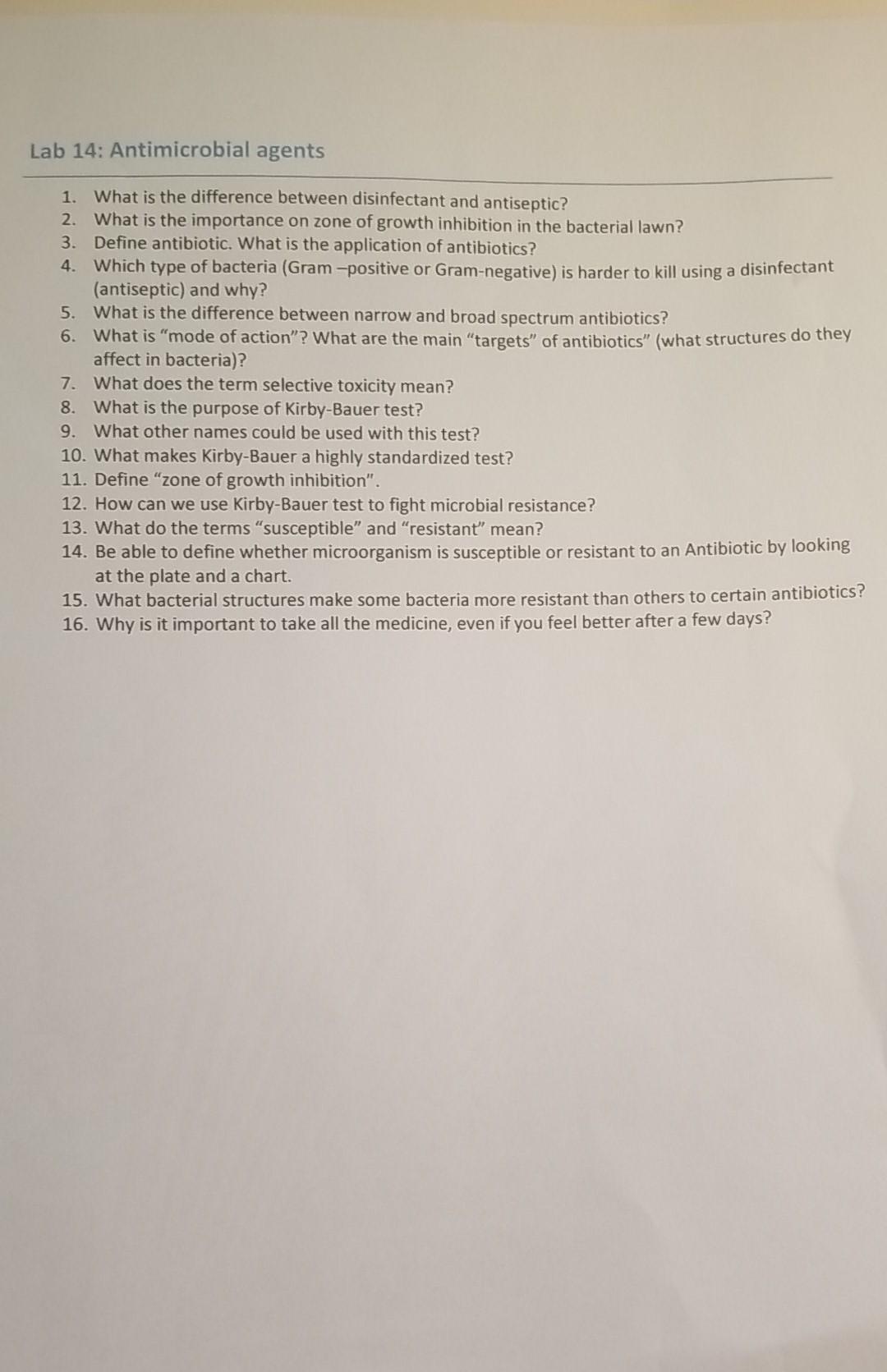 Solved Lab 14: Antimicrobial agents 1. What is the | Chegg.com