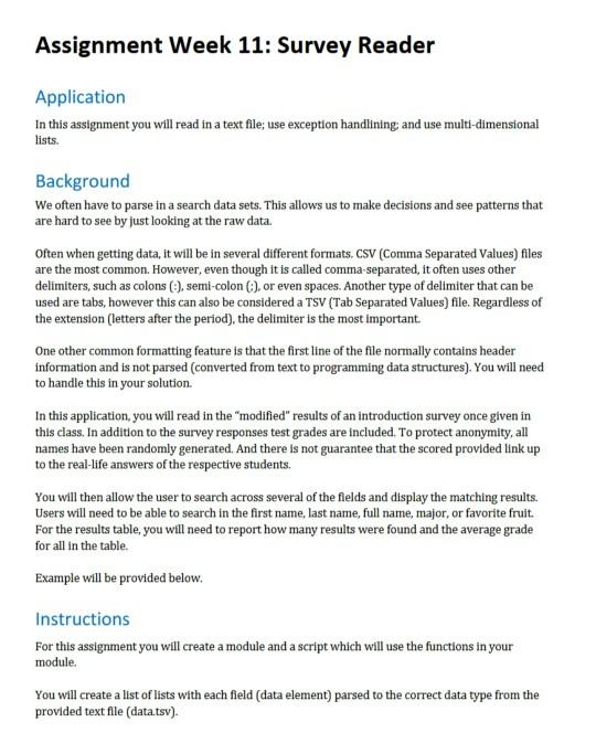 Assignment Week 11: Survey Reader Application In this | Chegg.com