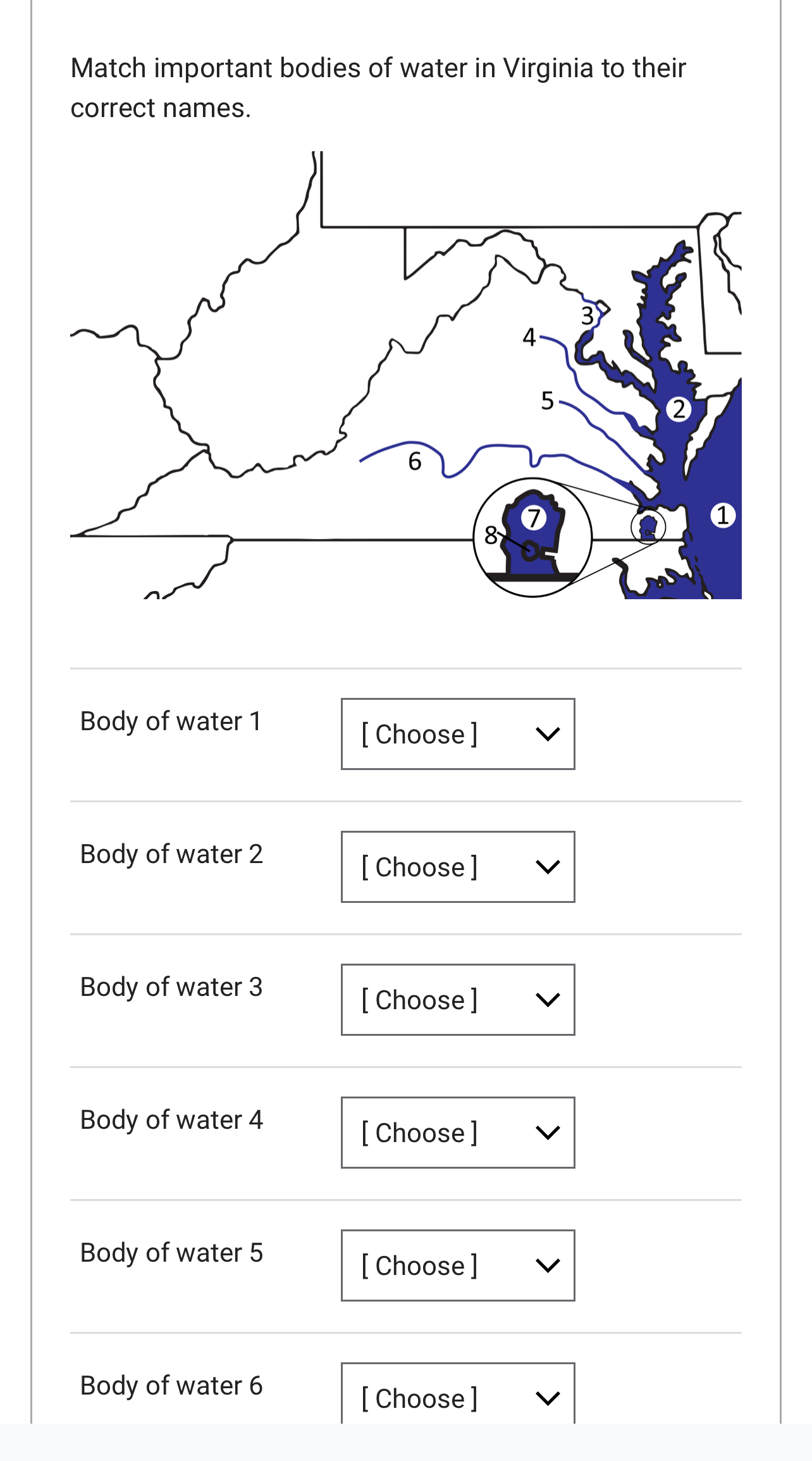 Match important bodies of water in Virginia to their | Chegg.com