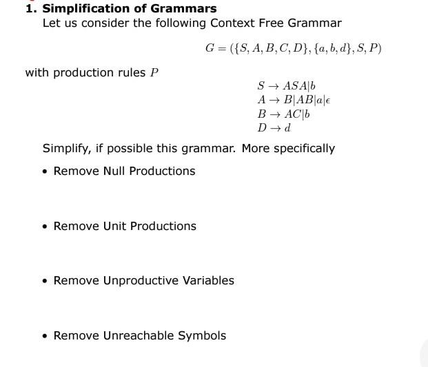 Solved 1. Simplification of Grammars Let us consider the | Chegg.com