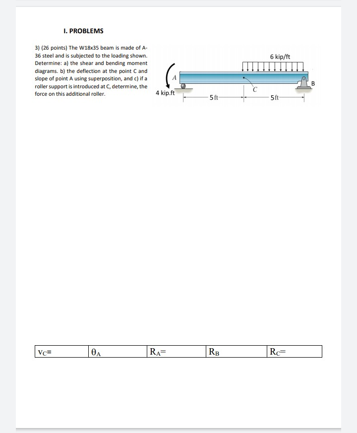 Solved I. PROBLEMS 6 kip/ft 3) (26 points) The W18x35 beam | Chegg.com