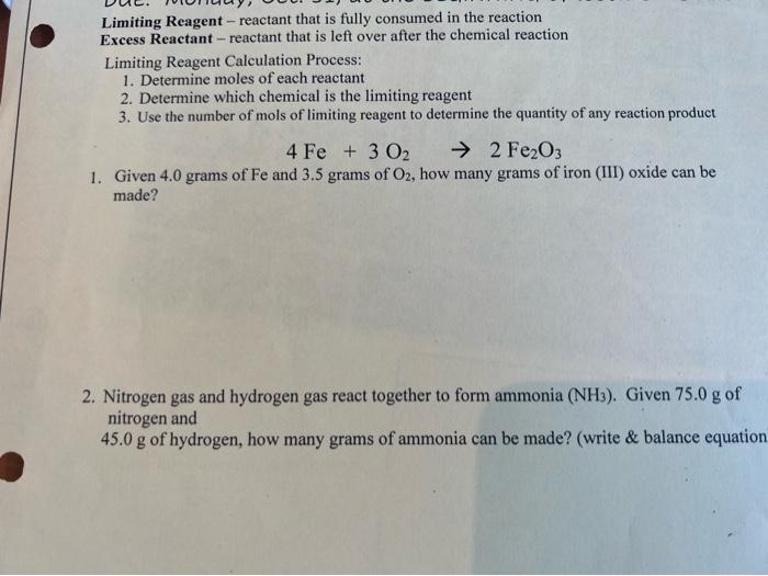 Solved Limiting Reagent - reactant that is fully consumed in | Chegg.com