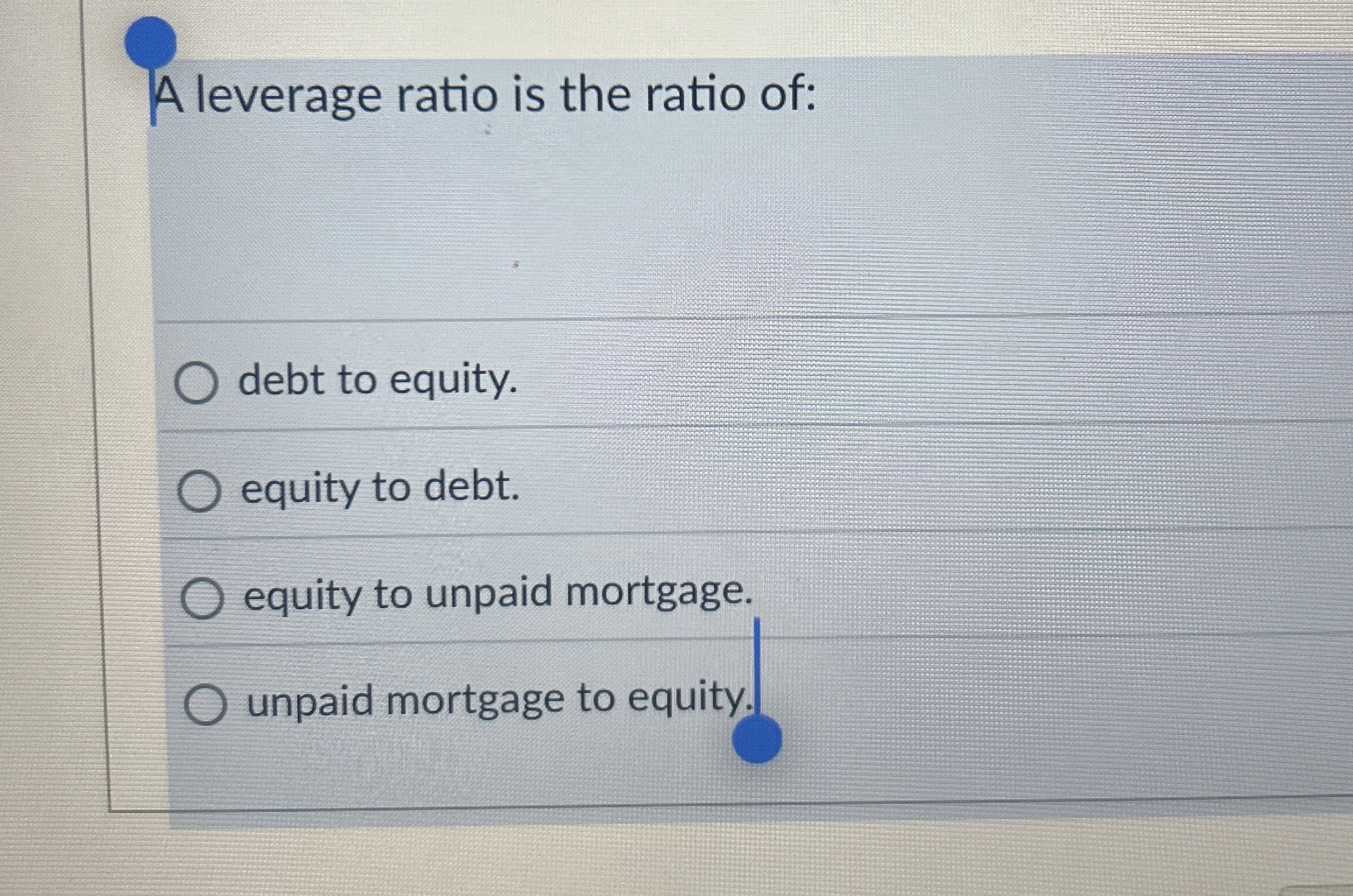 Solved A leverage ratio is the ratio of:debt to | Chegg.com