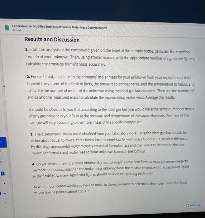 Solved Laboratory 14: Modified Dumas Method for Molar Mass | Chegg.com