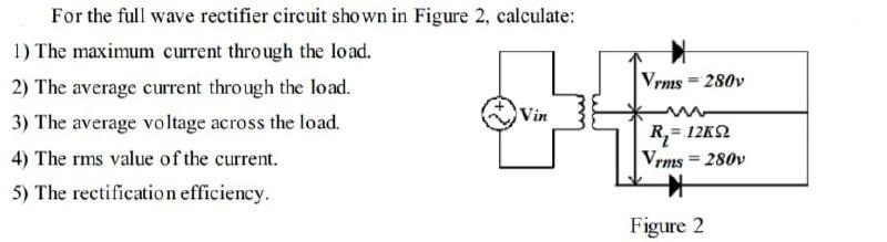 Solved Vrms = 280v For the full wave rectifier circuit shown | Chegg.com