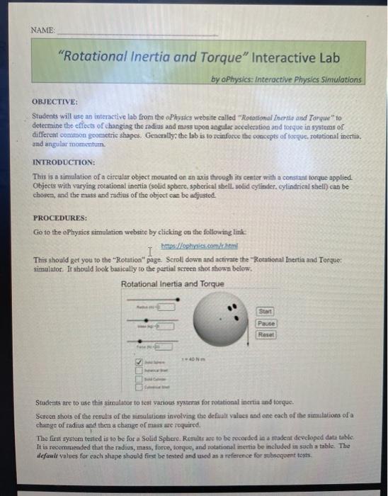Solved NAME "Rotational Inertia and Torque" Interactive Lab | Chegg.com