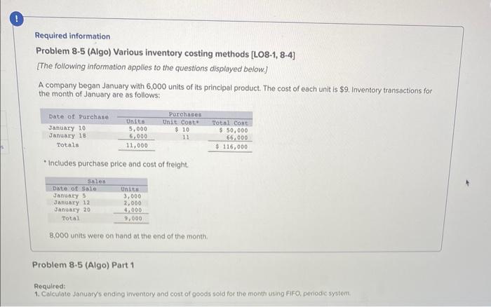 Solved Required information Problem 8-5 (Algo) Various | Chegg.com