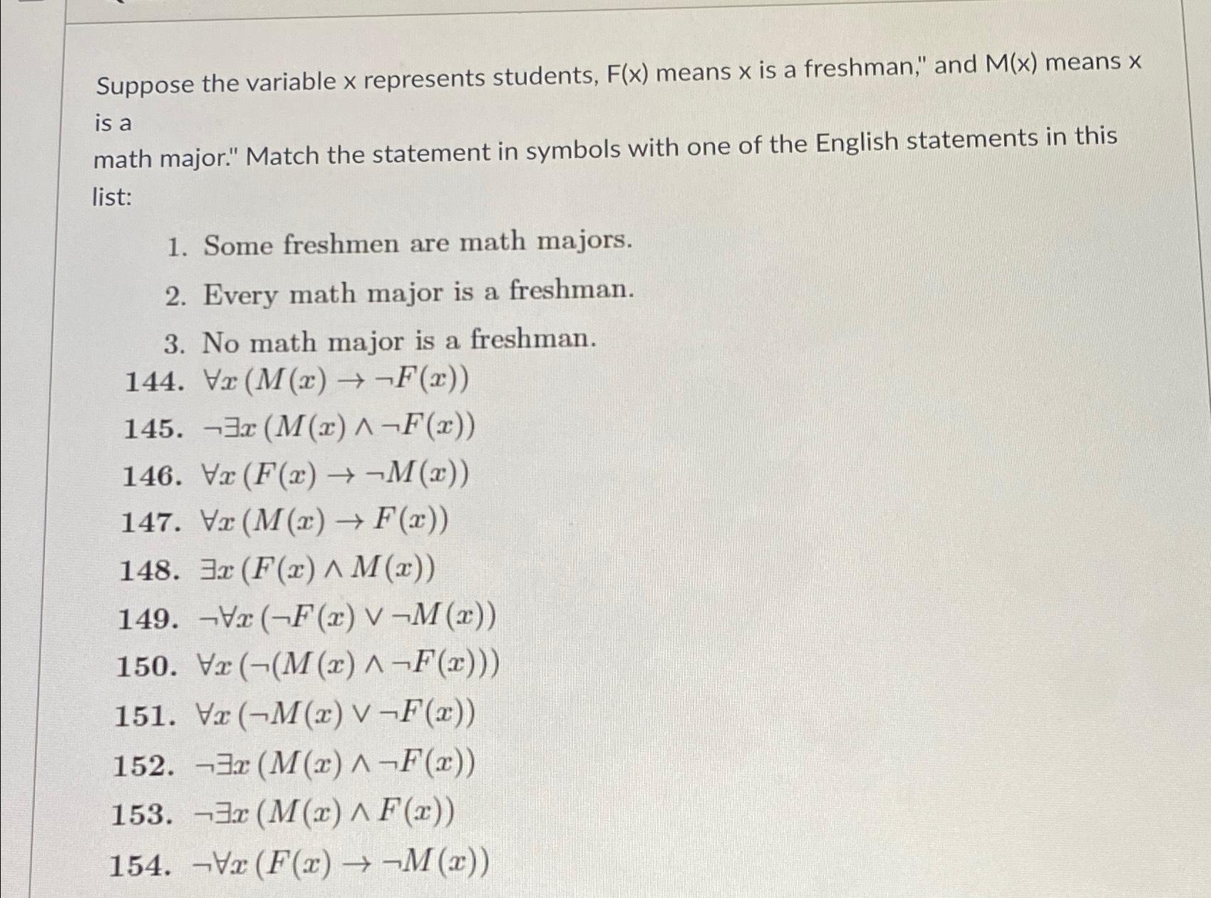 Solved Suppose the variable x ﻿represents students, F(x) | Chegg.com
