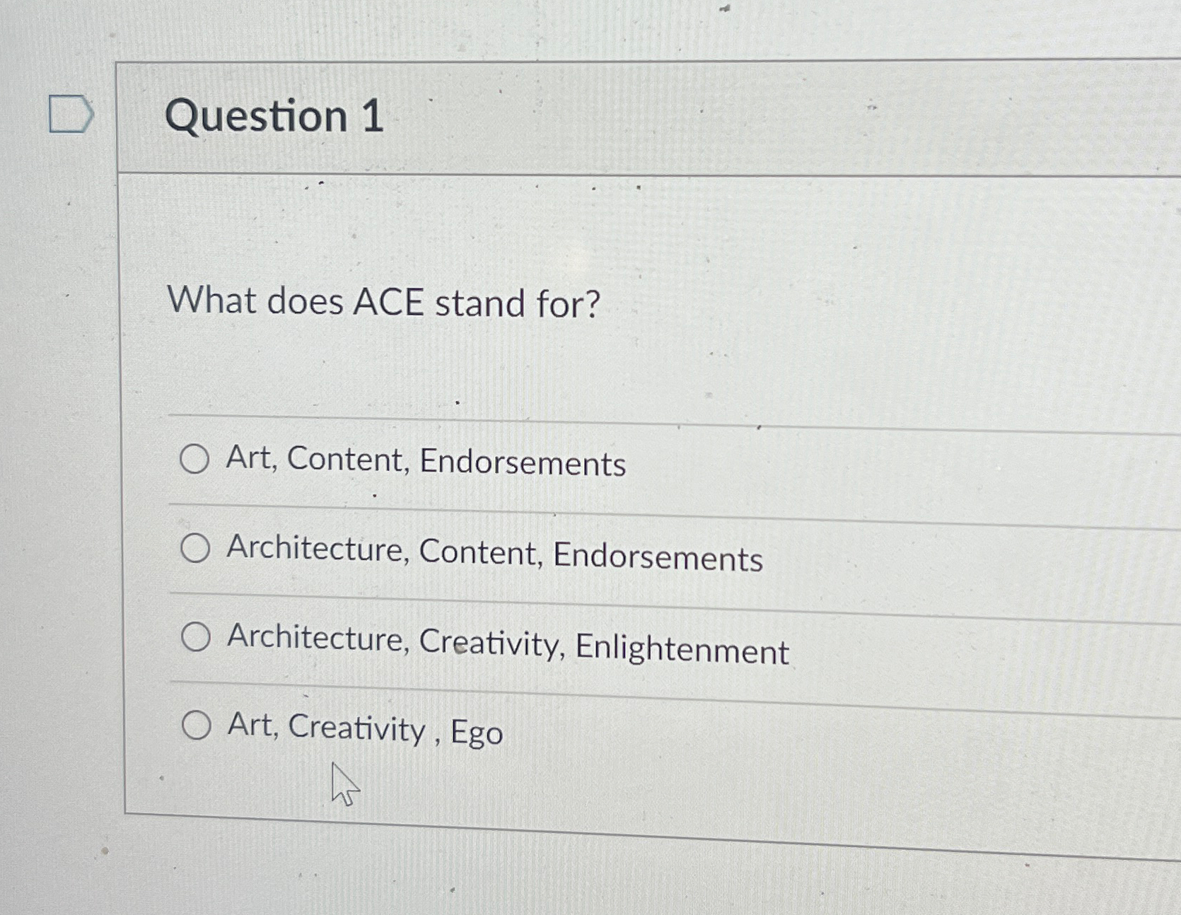 Solved Question 1What does ACE stand for?Art, Content, | Chegg.com