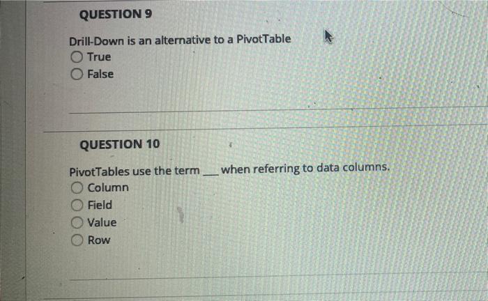 Solved QUESTION 9 Drill-Down is an alternative to a Pivot | Chegg.com