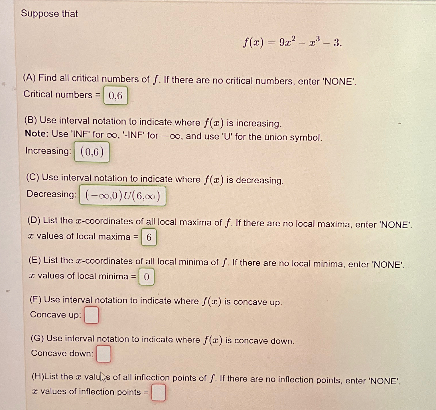 Solved Suppose thatf(x)=9x2-x3-3(A) ﻿Find all critical | Chegg.com