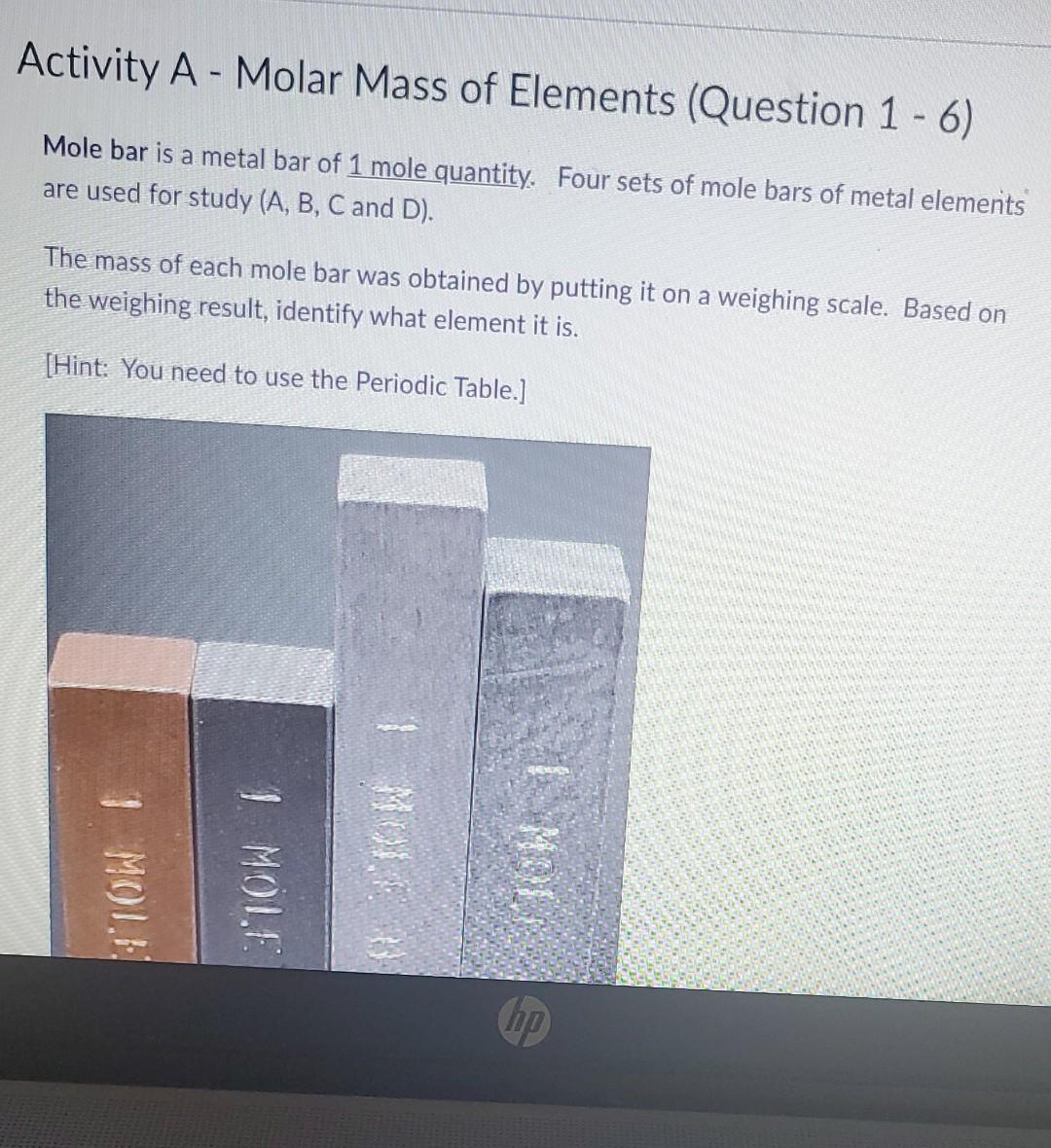 Solved Activity A - Molar Mass of Elements (Question 1 - 6) | Chegg.com