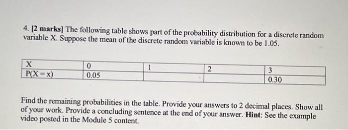 Solved 4. [2 marks] The following table shows part of the | Chegg.com