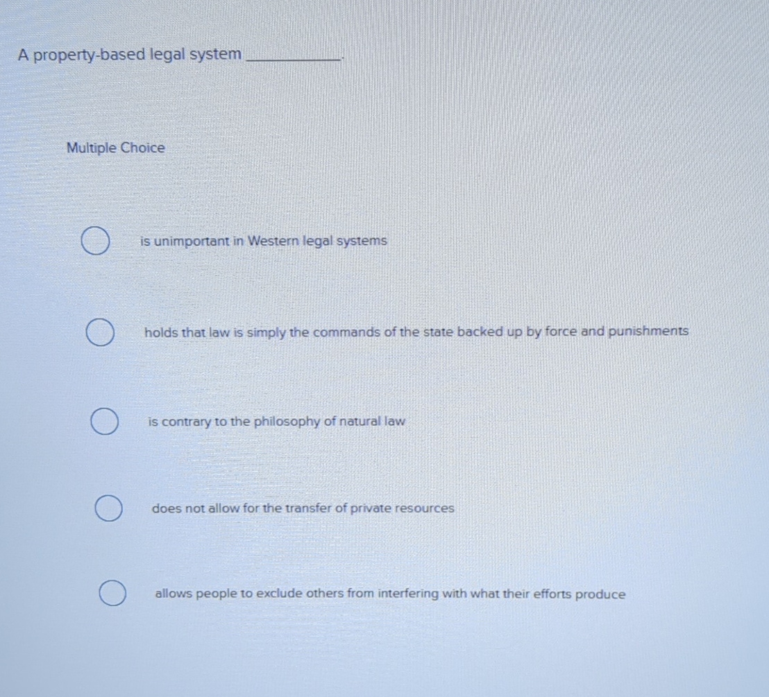 Solved A property-based legal system Multiple Choice ﻿is | Chegg.com