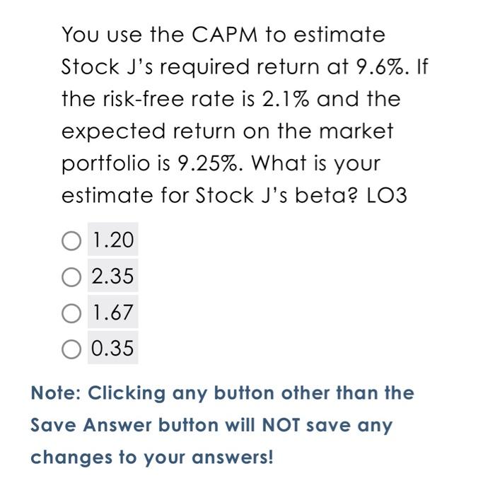 Solved You use the CAPM to estimate Stock J's required | Chegg.com