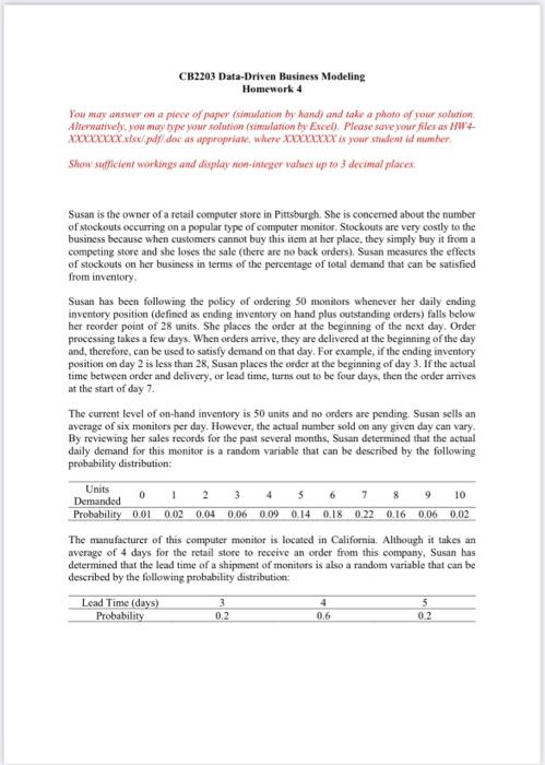 Cb2203 Data Driven Business Modeling Homework 4 You