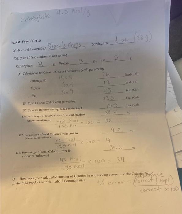 Solved Q 4. How does your calculated number of Calories in | Chegg.com