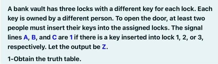 Solved A bank vault has three locks with a different key for | Chegg.com