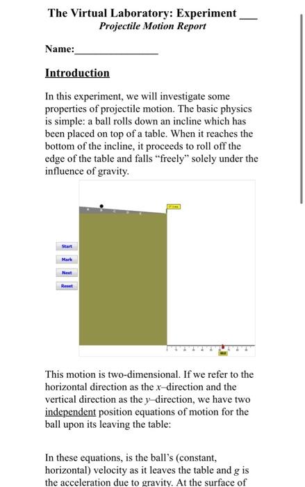 The Virtual Laboratory: Experiment Projectile Motion | Chegg.com