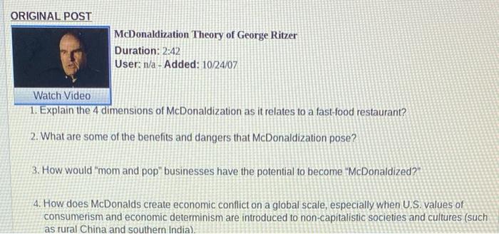 ORIGINAL POST McDonaldization Theory of George Ritzer | Chegg.com