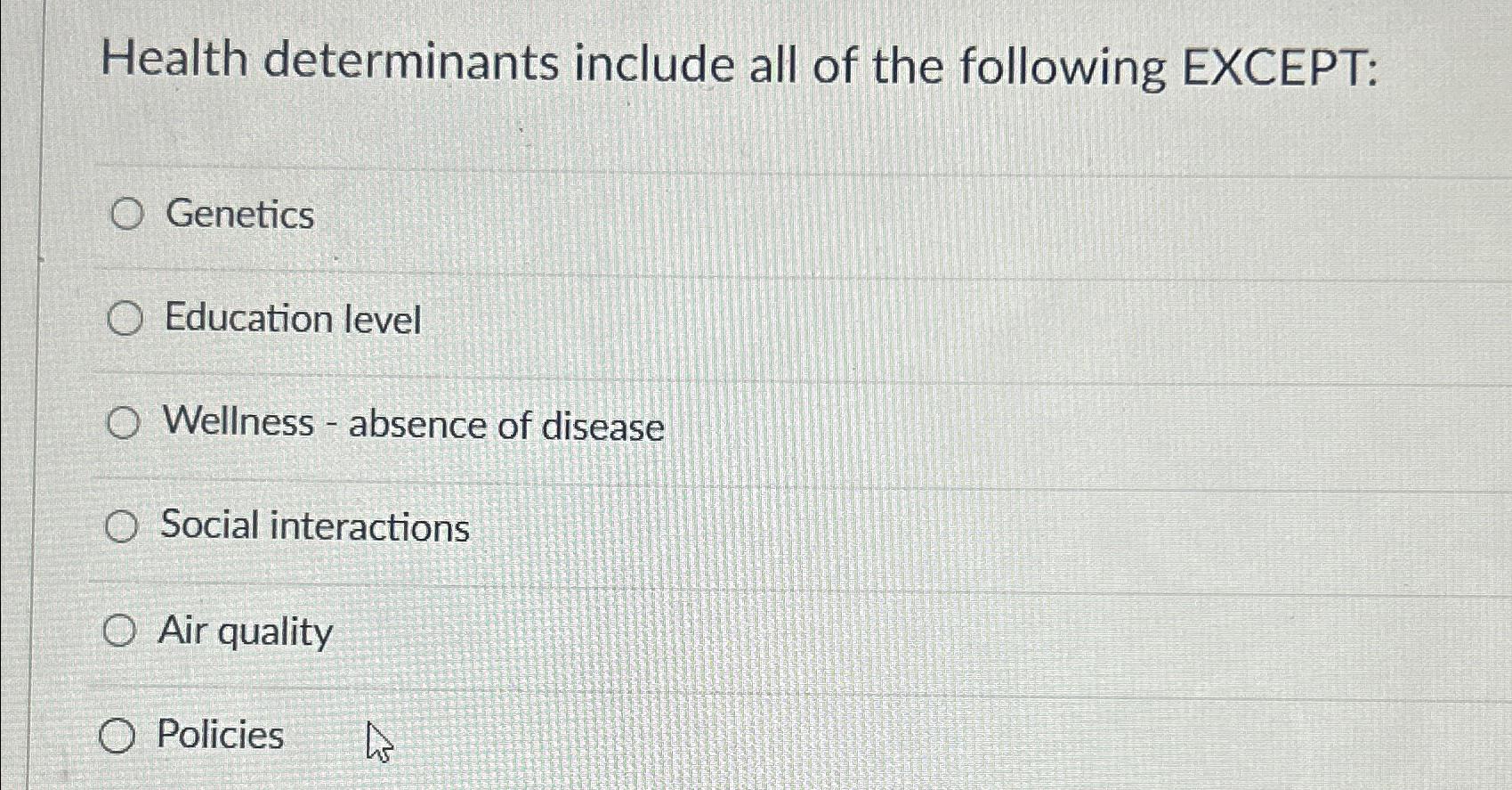 Solved Health determinants include all of the following | Chegg.com