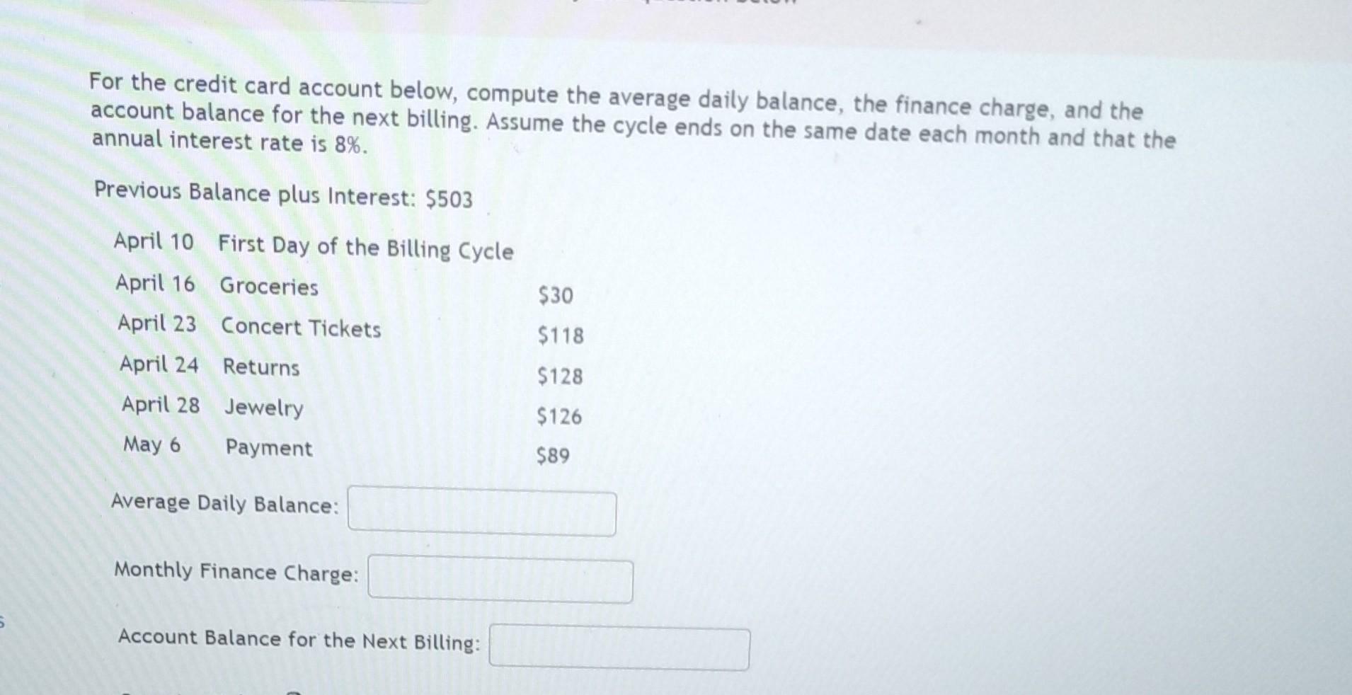 Solved For the credit card account below, compute the | Chegg.com