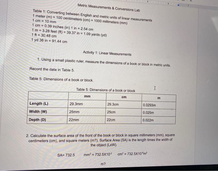 Solved Metric Measurements & Conversions Lab Table 1: | Chegg.com