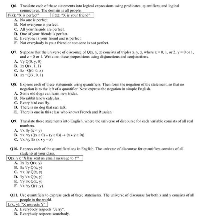 Solved Q6. Translate each of these statements into logical | Chegg.com