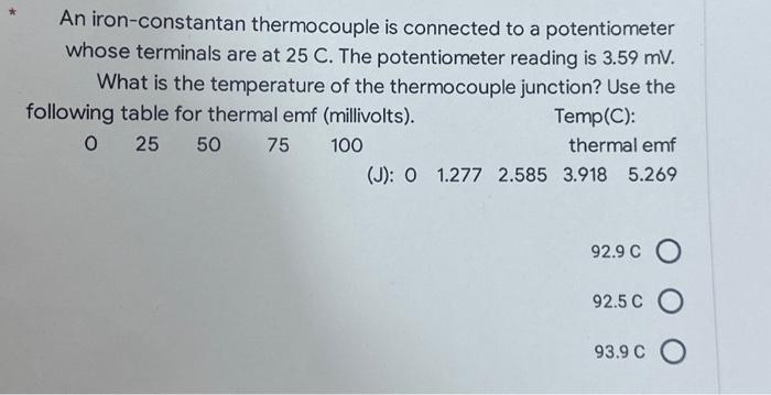 Solved An iron-constantan thermocouple is connected to a | Chegg.com