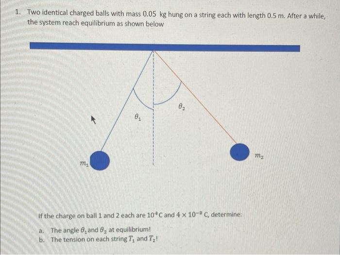 Solved 1. Two identical charged balls with mass 0.05 kg hung | Chegg.com