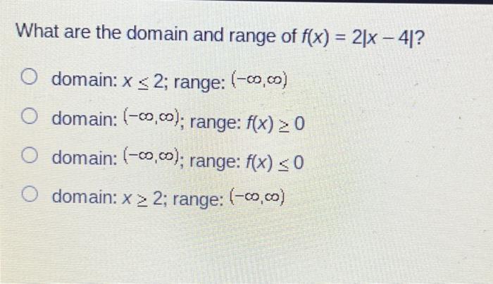 Solved What are the domain and range of f(x)=2∣x−4∣ ? | Chegg.com