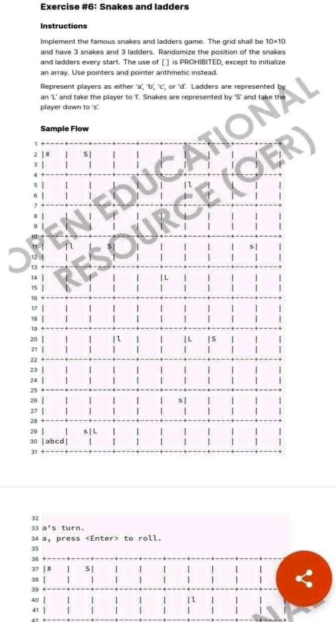 Exercise #6: Snakes and ladders Instructions | Chegg.com
