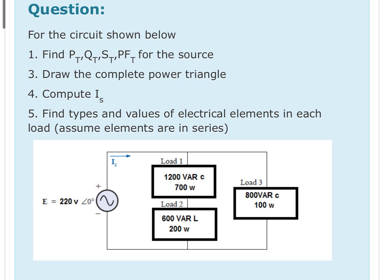 Solved Question:For the circuit shown belowFind PT,QT,ST,PFT | Chegg.com
