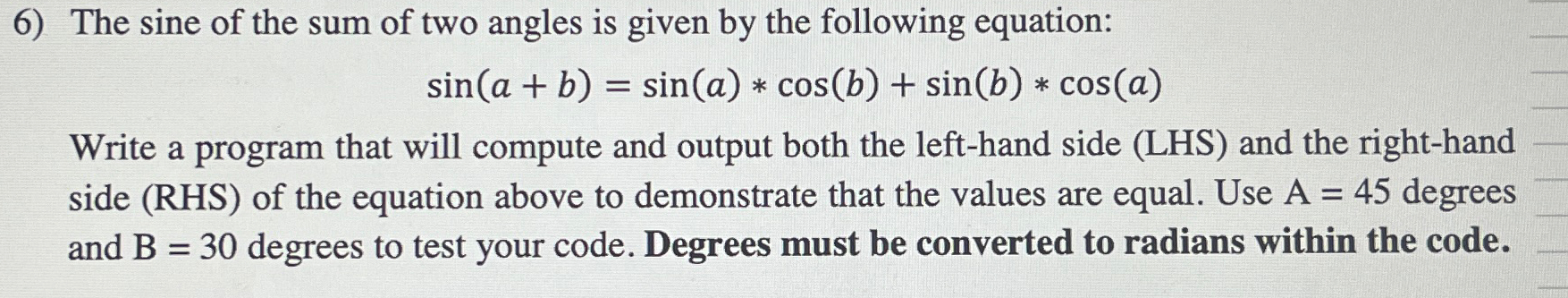 Solved Solve using VBA!!The sine of the sum of two angles is | Chegg.com