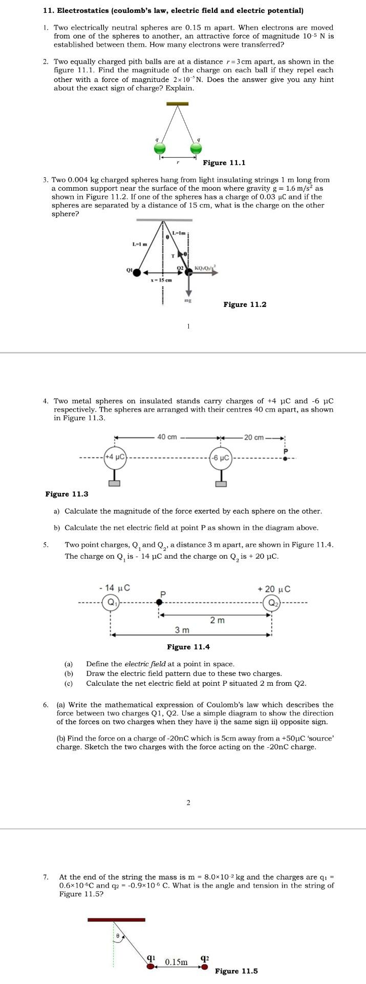Solved 11. Electrostatics (coulomb's law, electric field and | Chegg.com