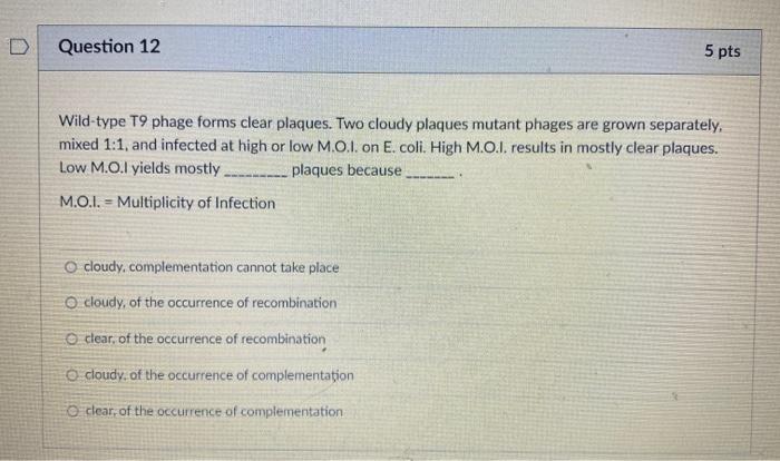 Solved D Question 12 5 pts Wild-type T9 phage forms clear | Chegg.com