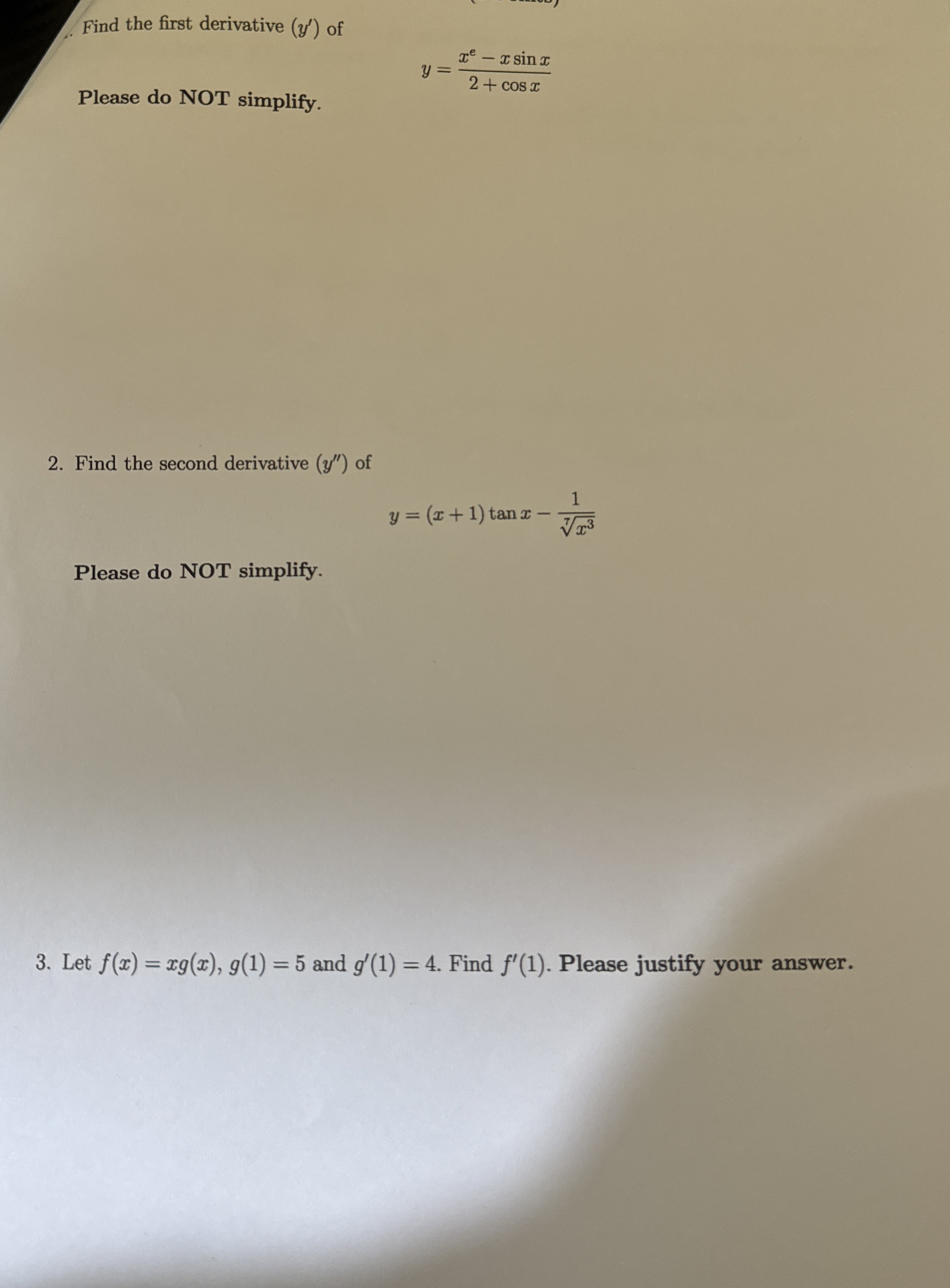 Solved Find the first derivative (y') ﻿ofPlease do NOT | Chegg.com