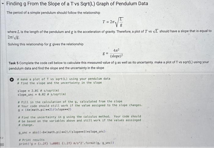 Solved Finding g From the Slope of a Tvs Sqrt(L) Graph of | Chegg.com