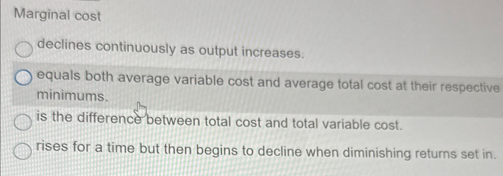 Solved Marginal costdeclines continuously as output | Chegg.com