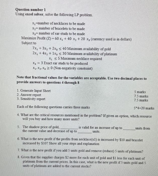 Solved Question number 1 Using excel solver, solve the | Chegg.com