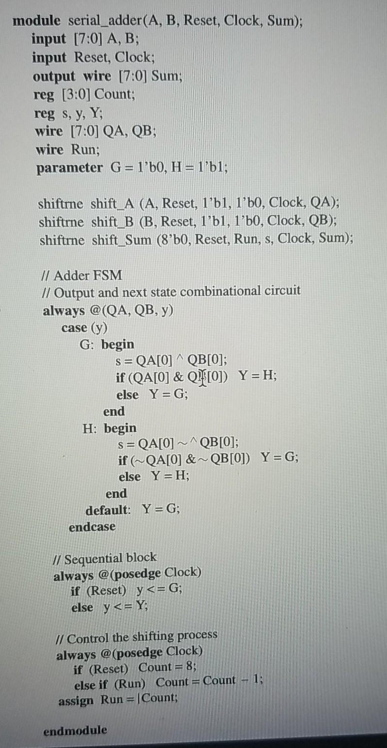 Solved Task: Make an eight-bit serial adder (VERILOG | Chegg.com