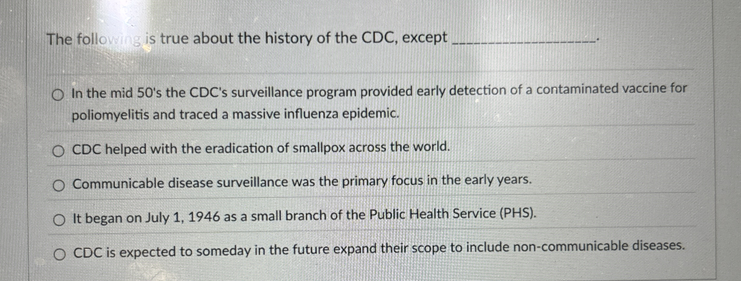 Solved The following is true about the history of the CDC, | Chegg.com