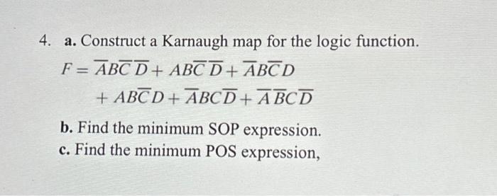 Solved 4. a. Construct a Karnaugh map for the logic | Chegg.com