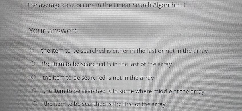 Solved The average case occurs in the Linear Search | Chegg.com