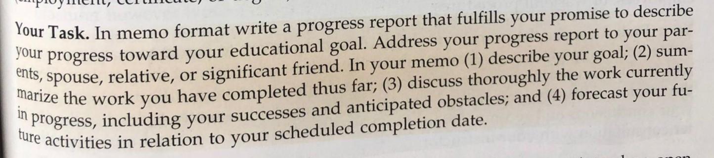 Your Task. In memo format write a progress report | Chegg.com