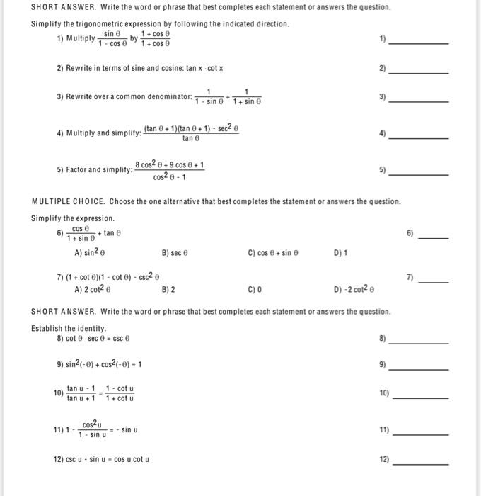 Solved SHORT ANSWER. Write the word or phrase that best | Chegg.com