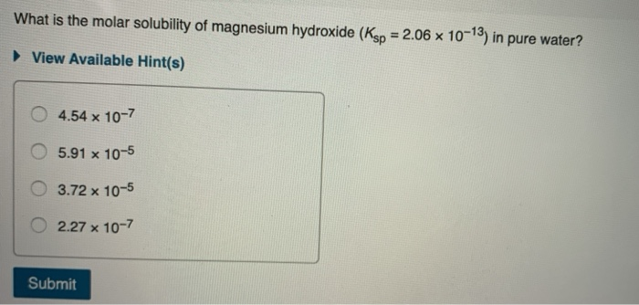 Solved What is the molar solubility of magnesium hydroxide | Chegg.com