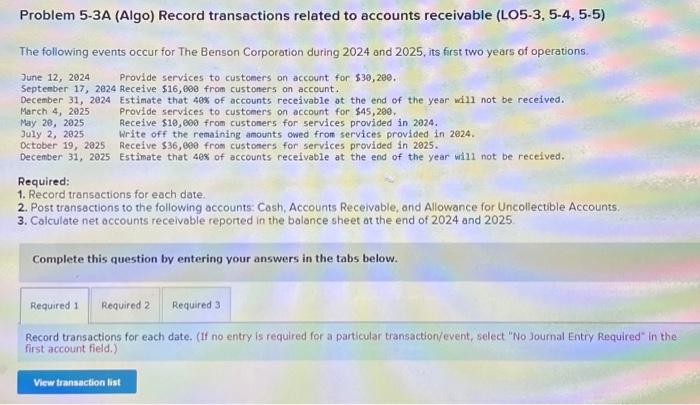 Solved Problem 5-3A (Algo) Record transactions related to | Chegg.com